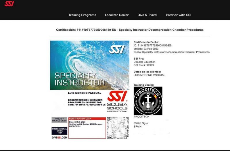 Certificado en especialidad de instructor de SSI